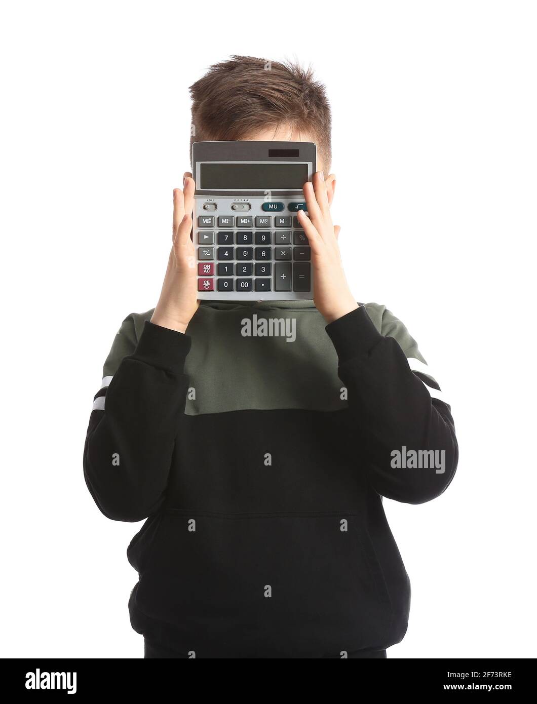 Little boy with calculator on white background Stock Photo - Alamy