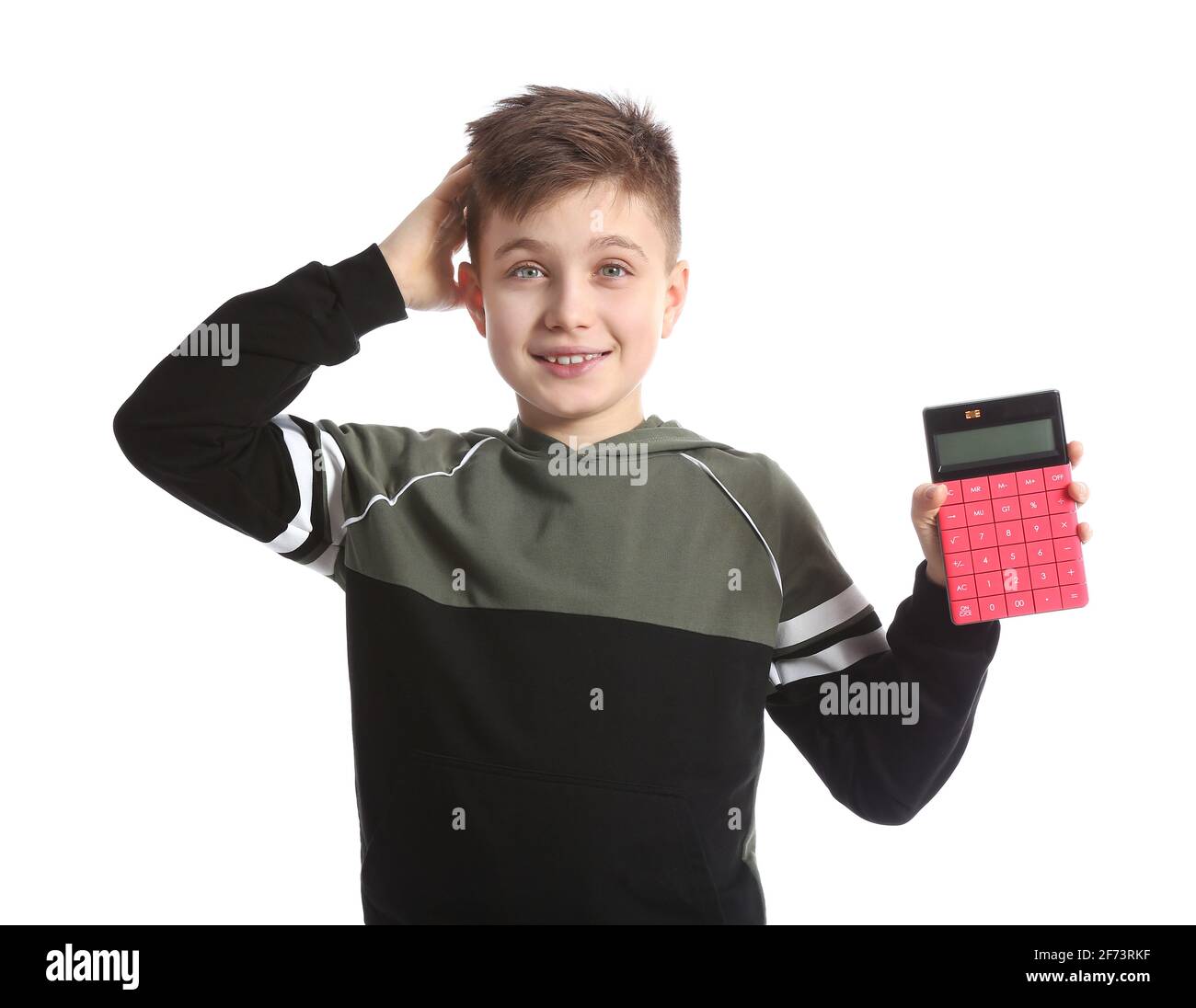 Little boy with calculator on white background Stock Photo - Alamy