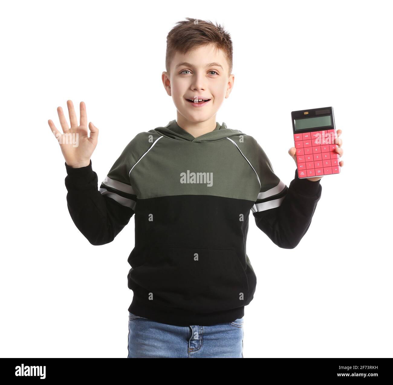 Little boy with calculator on white background Stock Photo - Alamy