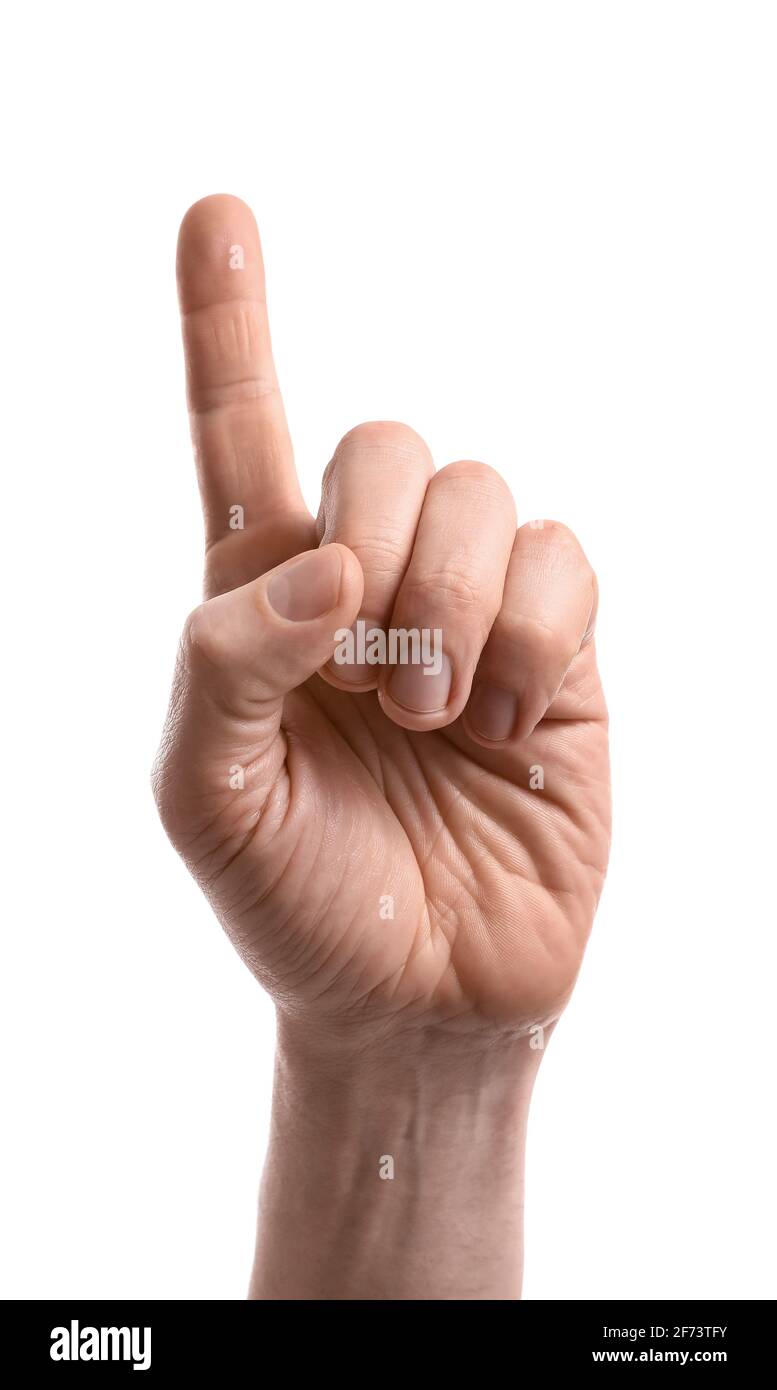 Male hand showing something on white background Stock Photo - Alamy