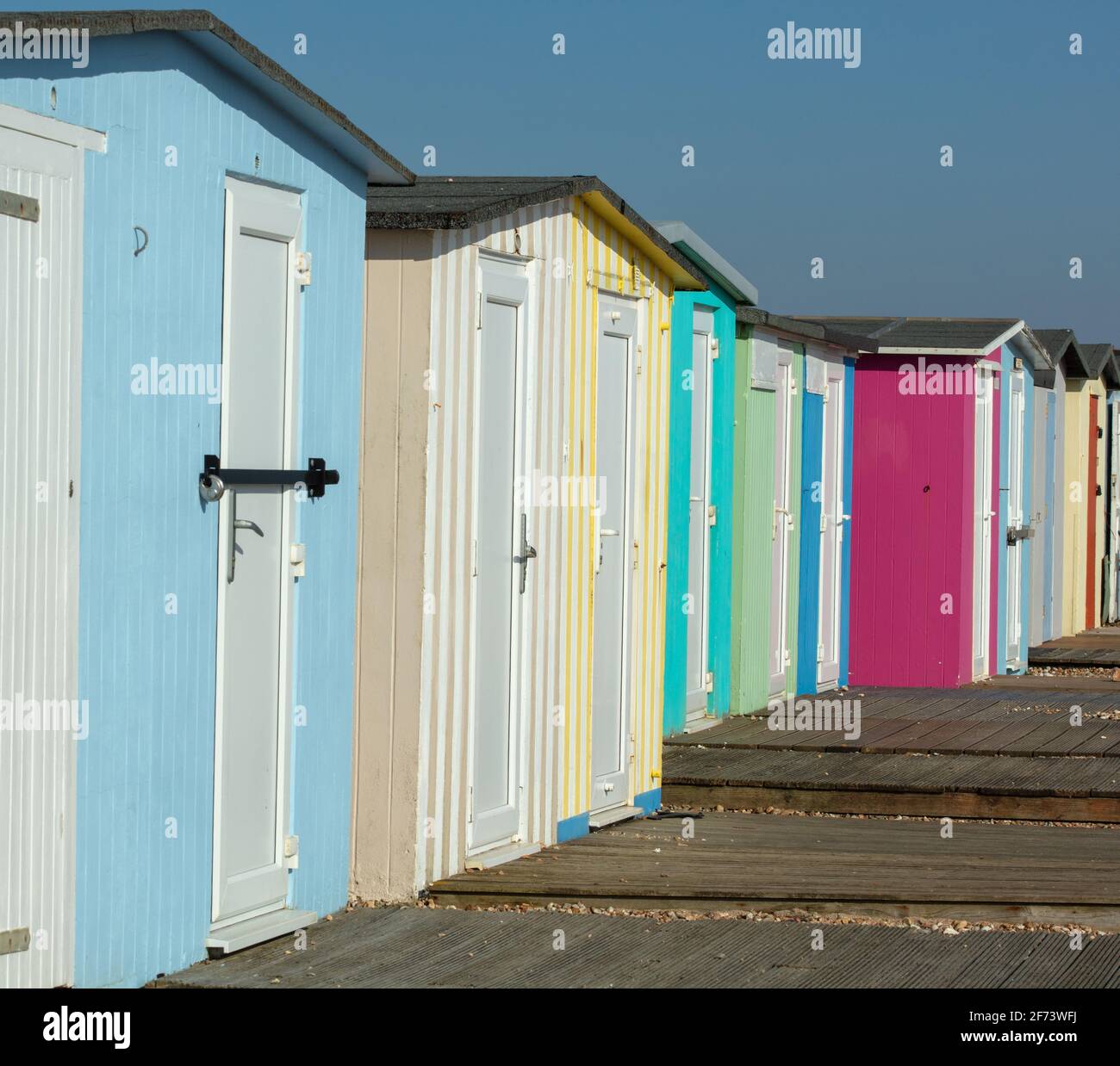 Colourful beach huts seen on the beach of Bognor Regis, on the south ...