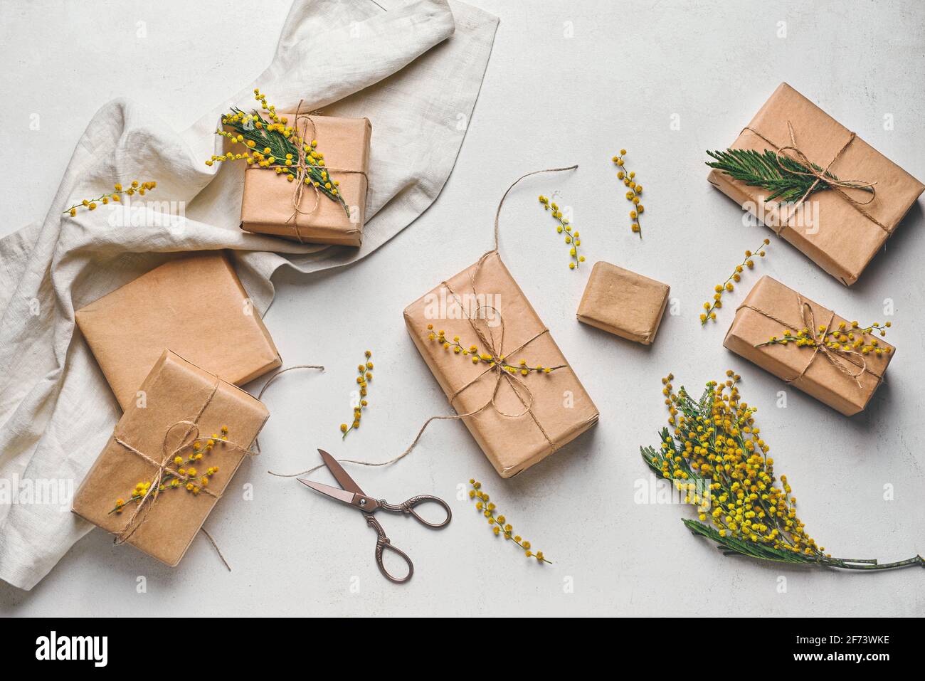 Gift boxes with mimosa branches on light background Stock Photo - Alamy