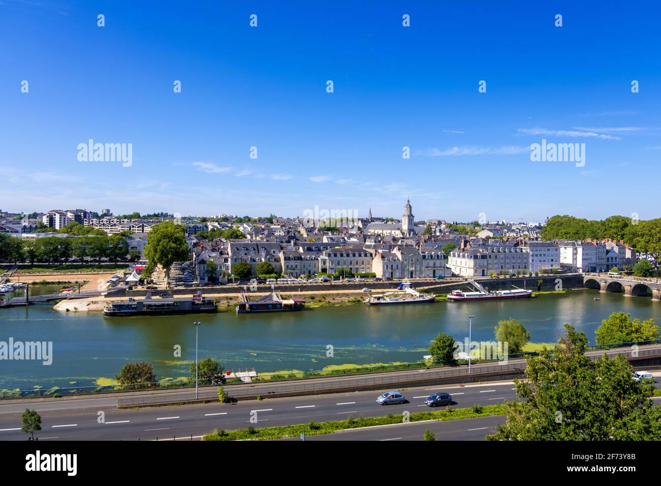 Angers, France - August 23, 2019: View of Maine river and Angers city ...
