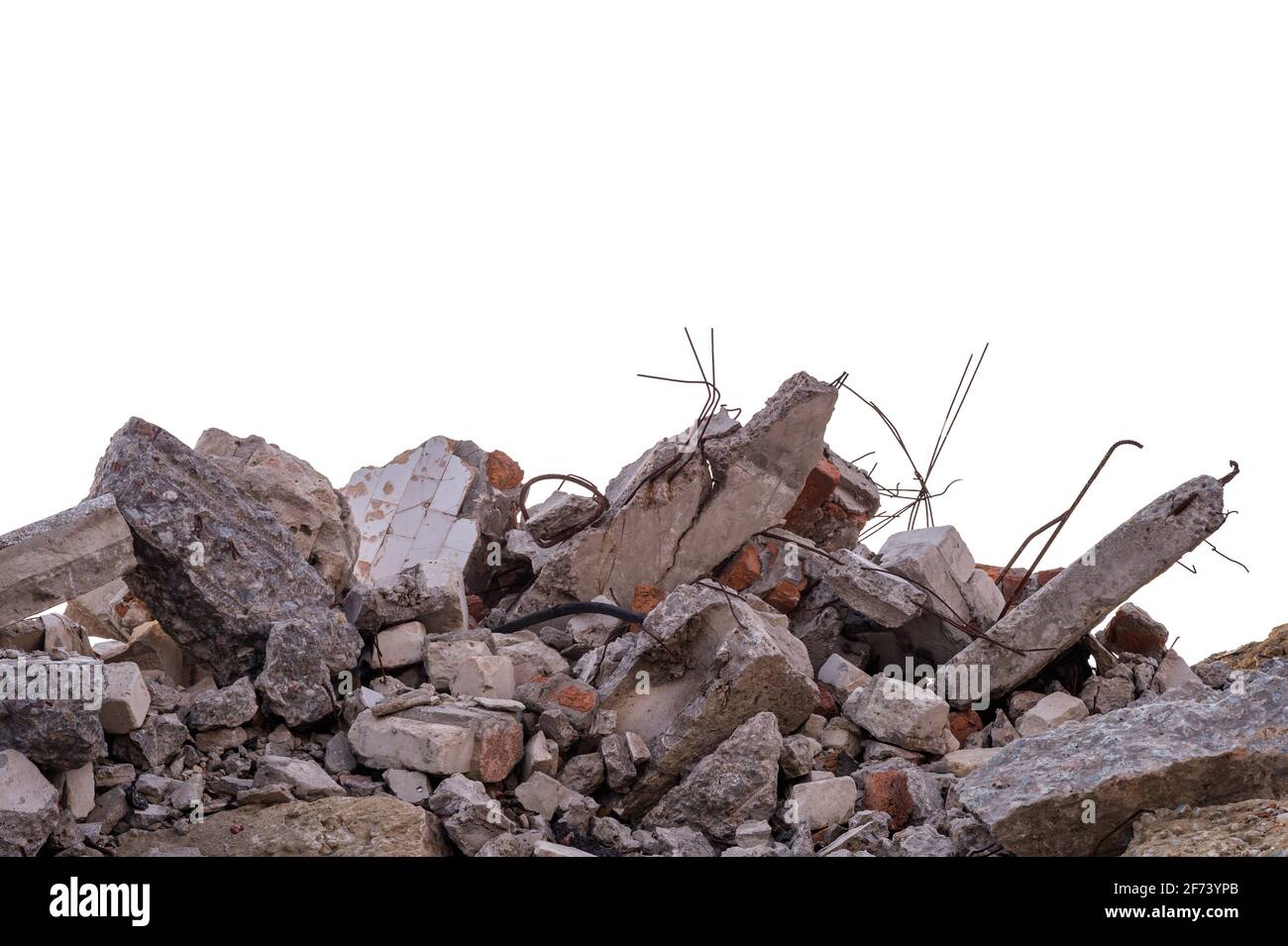 Concrete wreckage closeup of a destroyed building isolated on a white ...