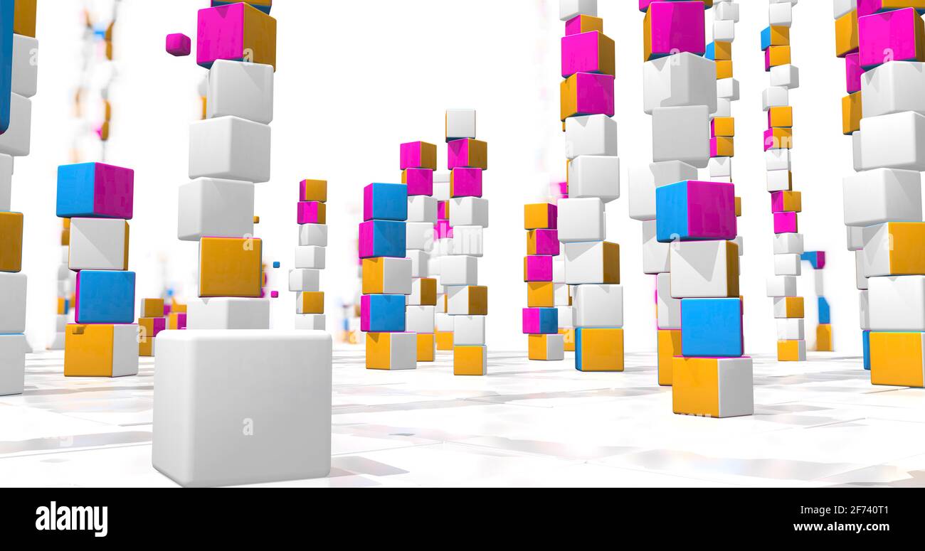 Field full of towers of red, yellow and blue colored messy cubes with ...
