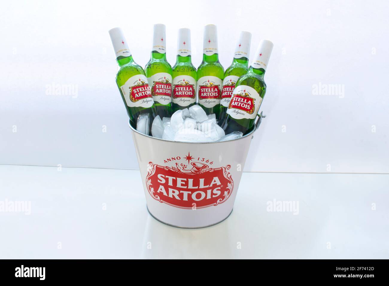 Calgary, Alberta, Canada. March 3, 2021. A beer bucket of Stella Artois ...
