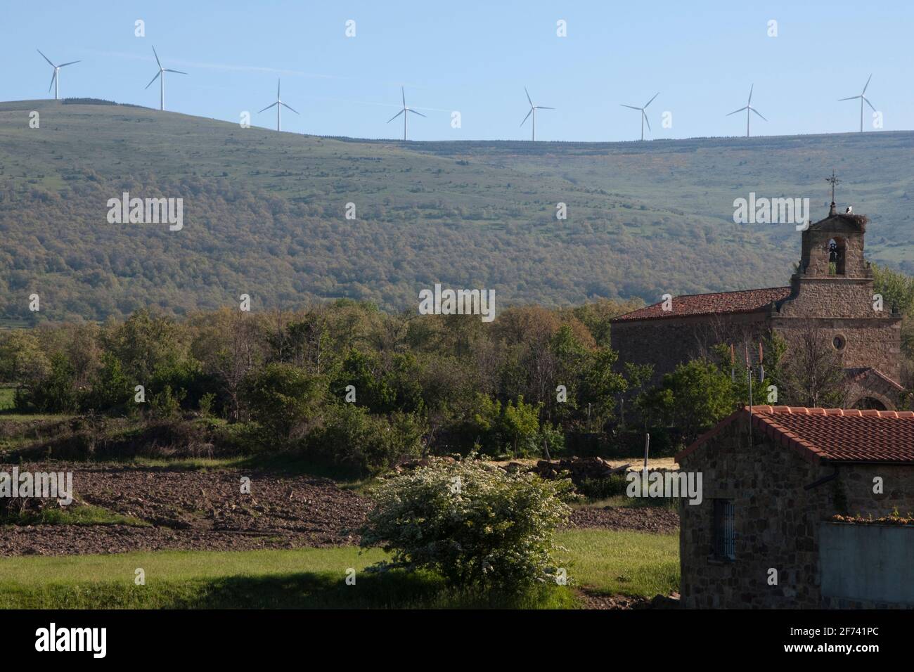 Rural spanish landscape with wind turbines in a row on the hills Stock ...