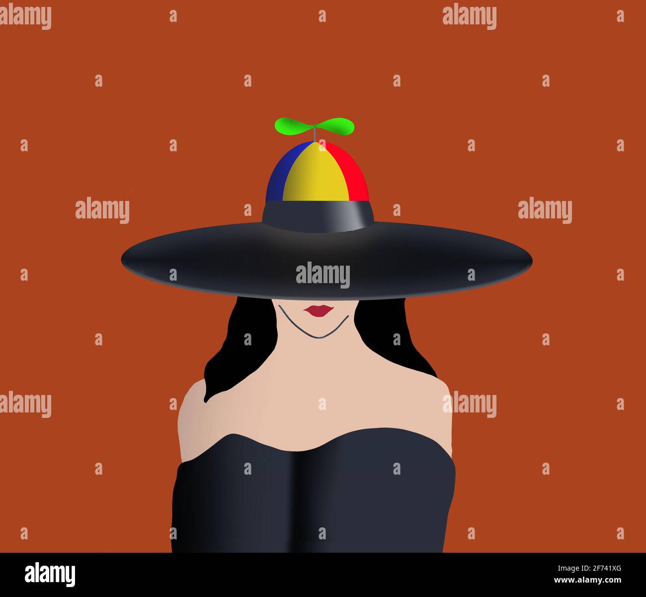 A woman, a fashion model, wears a humorous beanie copter helicopter hat ...