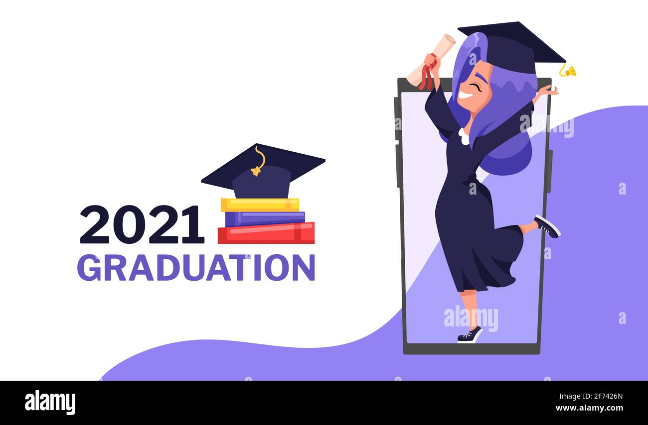 Happy Graduate Student Girl in academic cap celebrating virtual ...