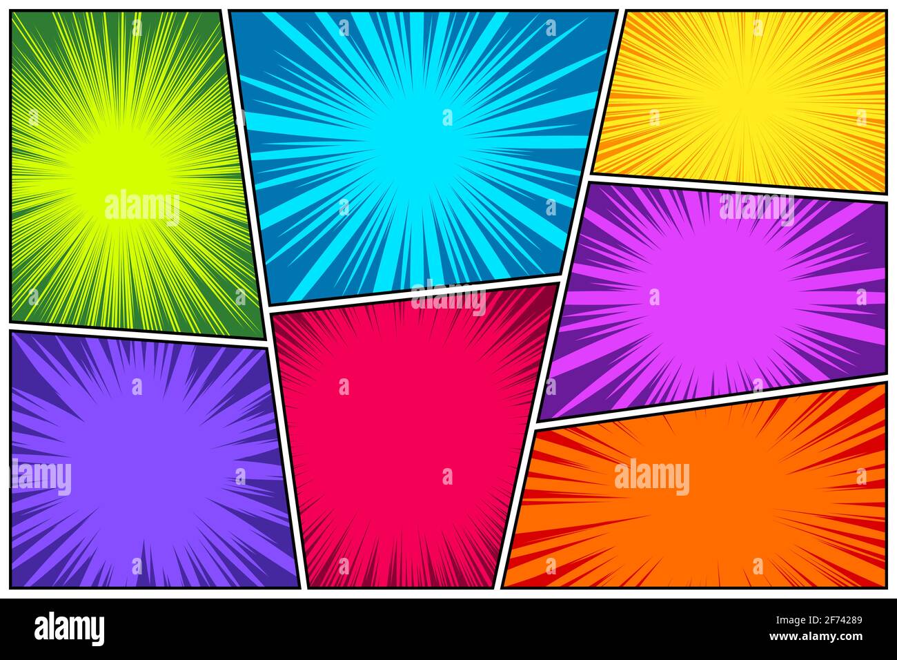 Comic book colorful radial lines collection. Cartoon comics background ...
