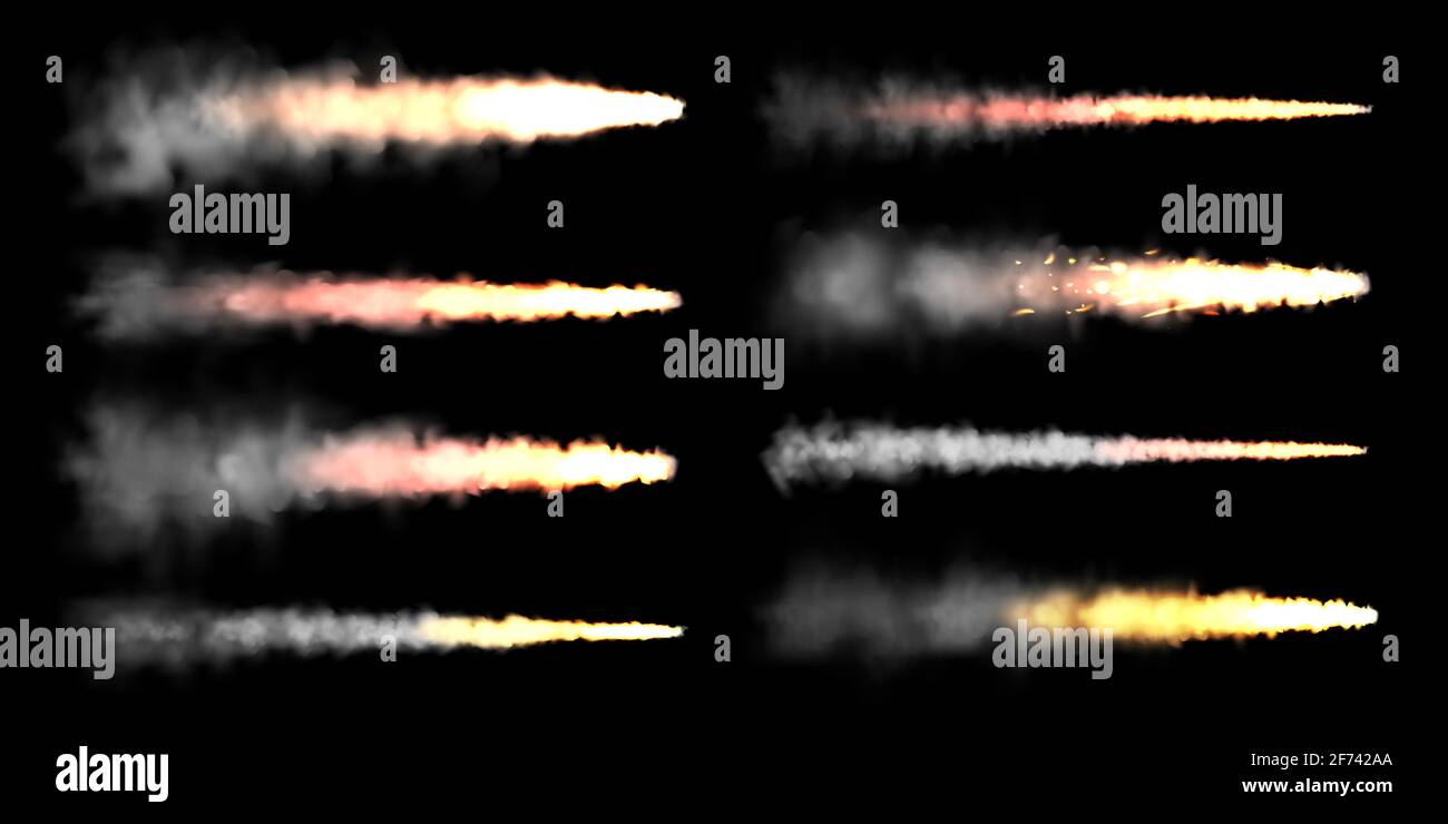 Realistic space rocket launch trails on black background. Fire burst ...
