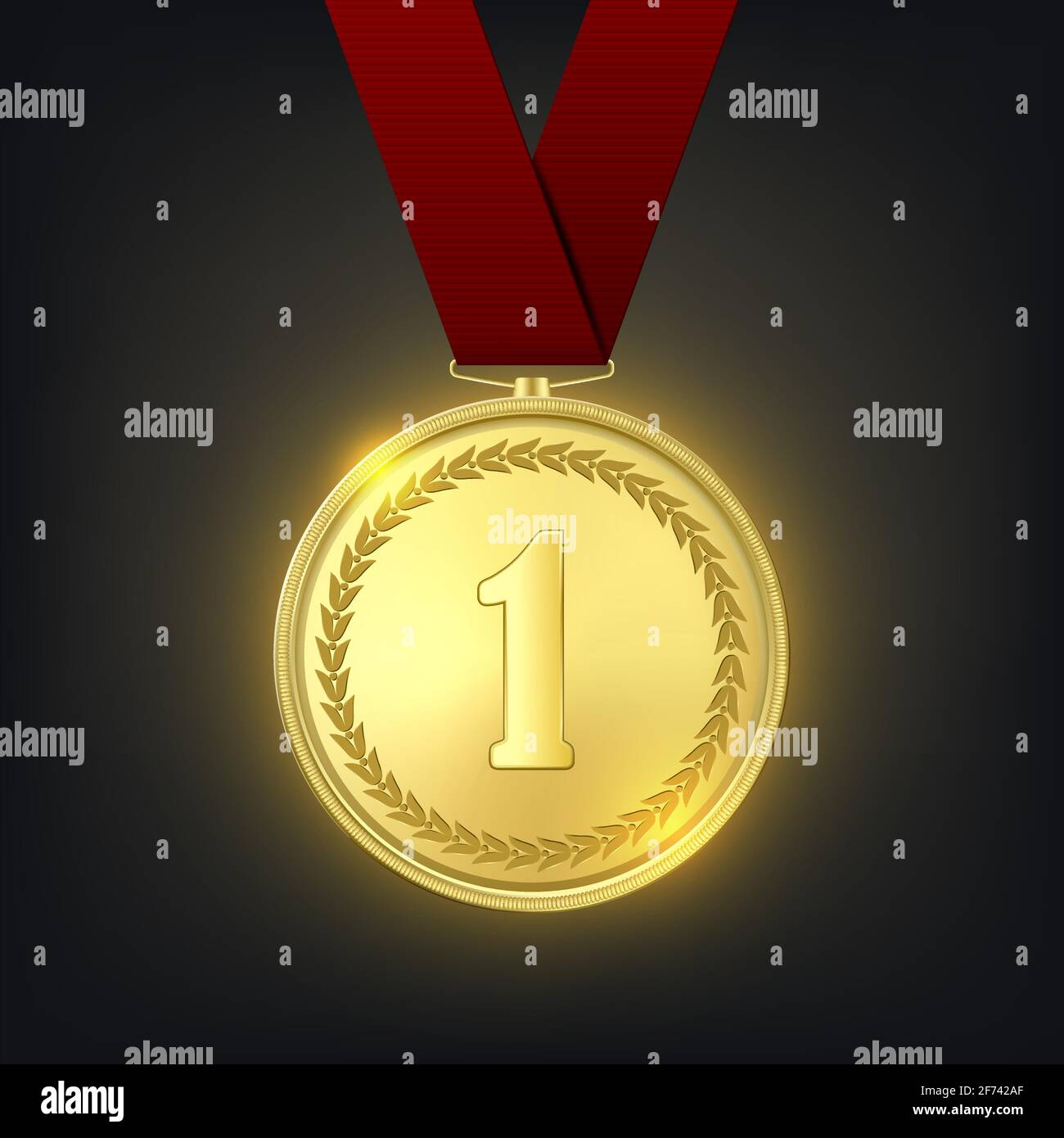 Vector 3d Realistic Golden Medal with Red Ribbon. Victory Concept. Glow ...