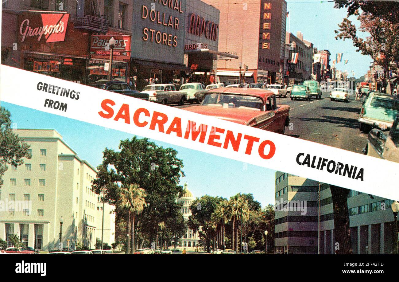 Vintage postcard view of Sacramento showing Capitol and 1940s cars ...