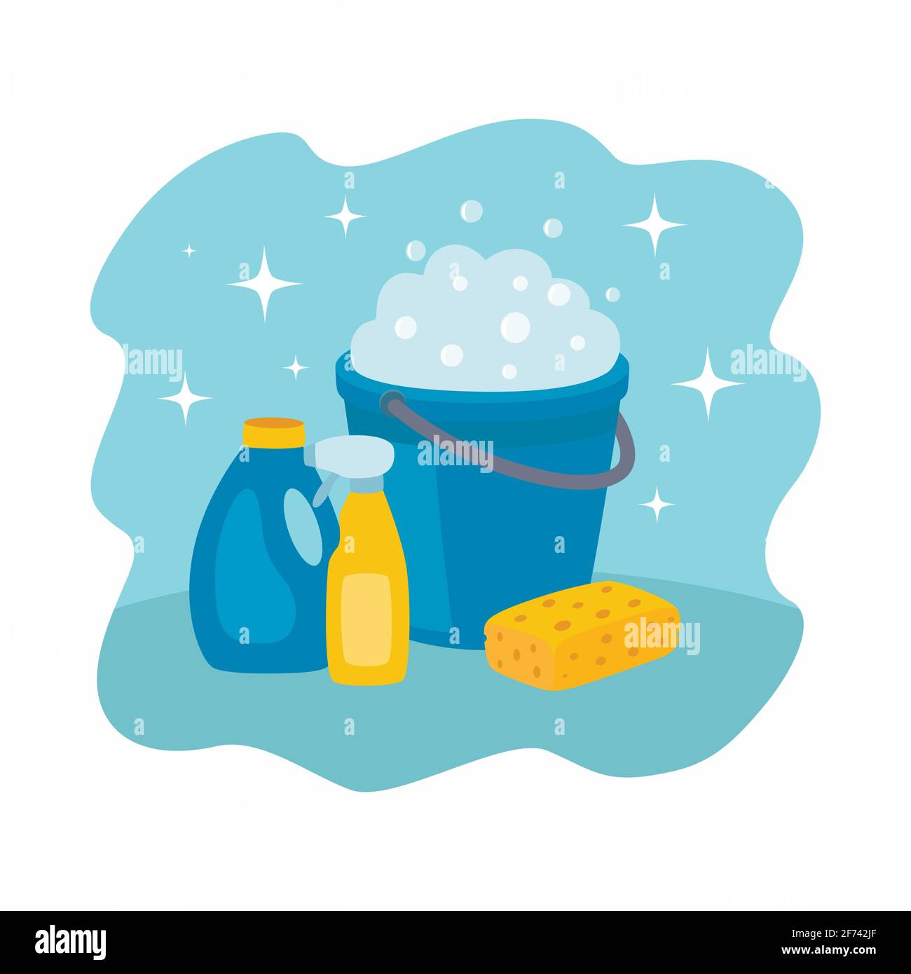 A set of cleaning products. Illustration with blue plastic bucket ...