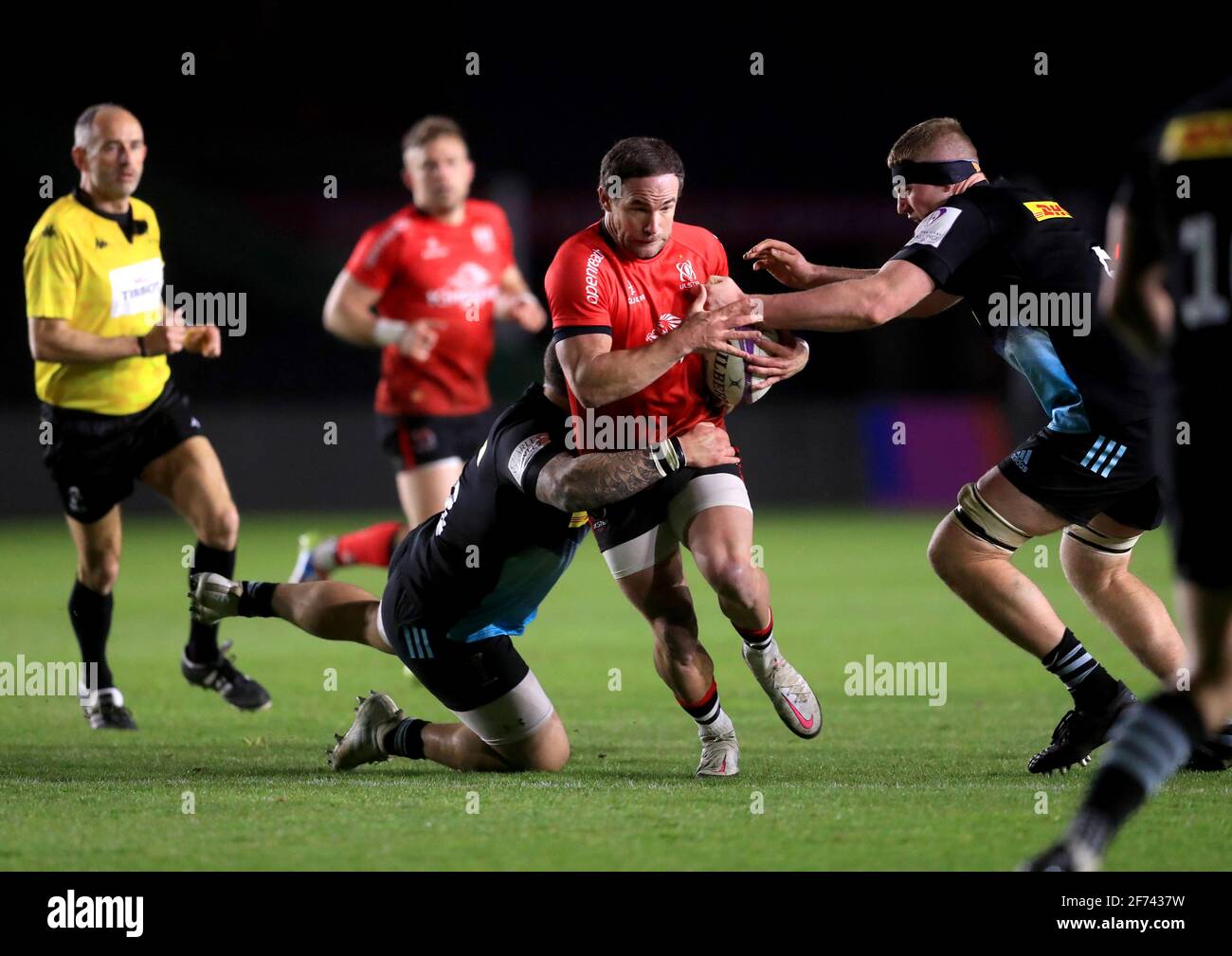 Ulster Rugby's Alby Mathewson (centre) is tackled as he runs with the ...