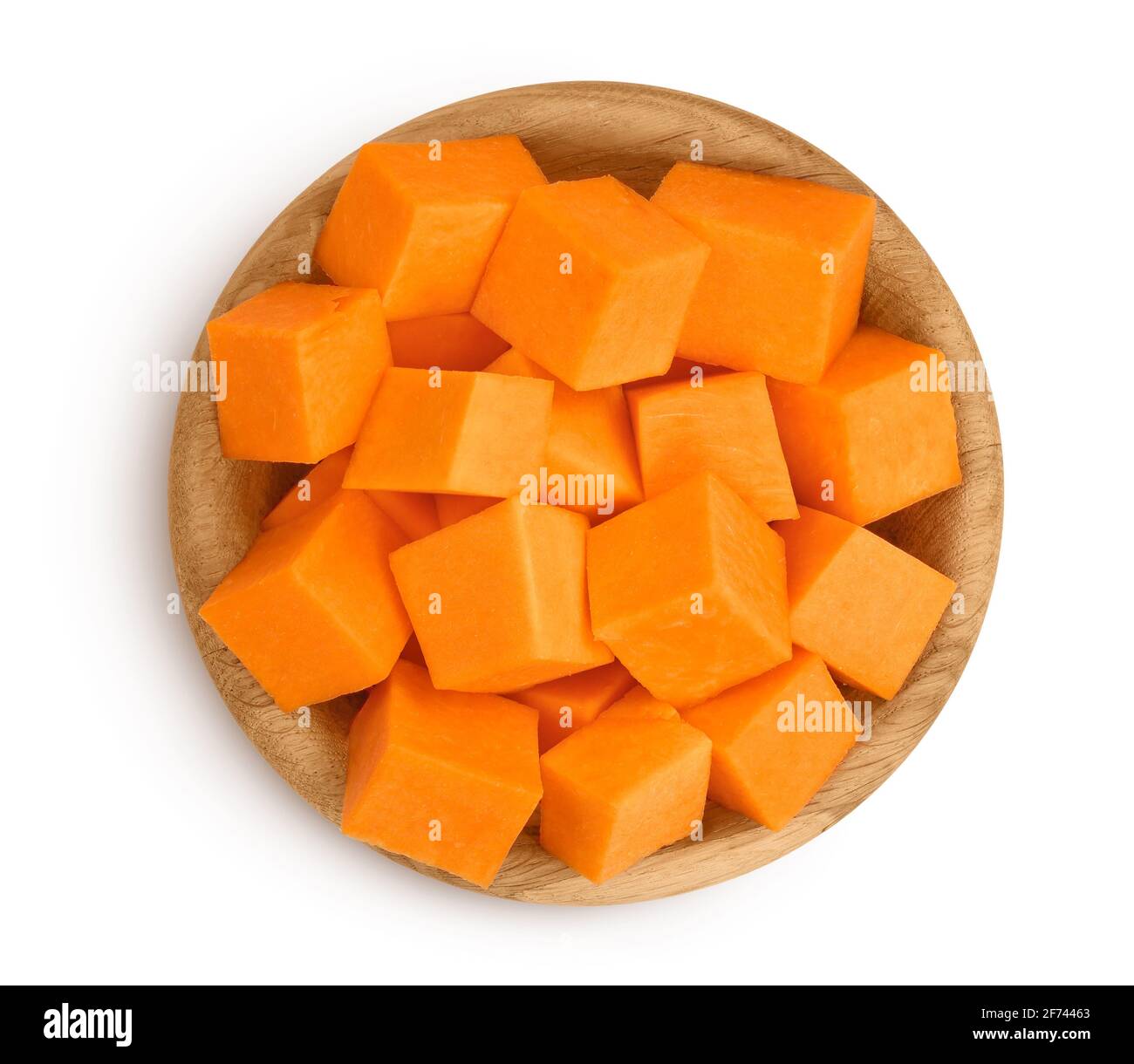 butternut squash slice in wooden bowl isolated on white background with ...