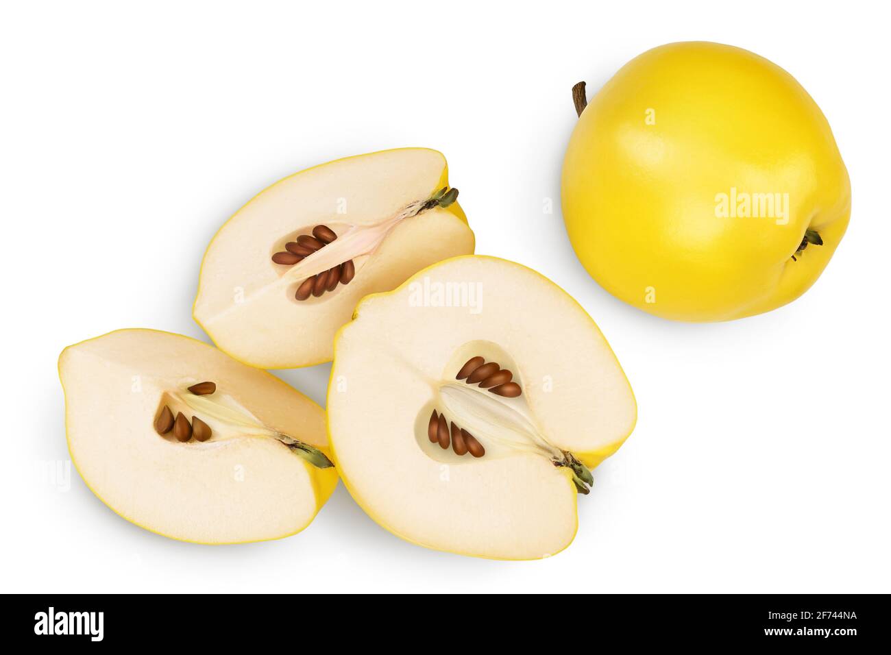 Fresh quince with half and slices isolated on the white background with ...