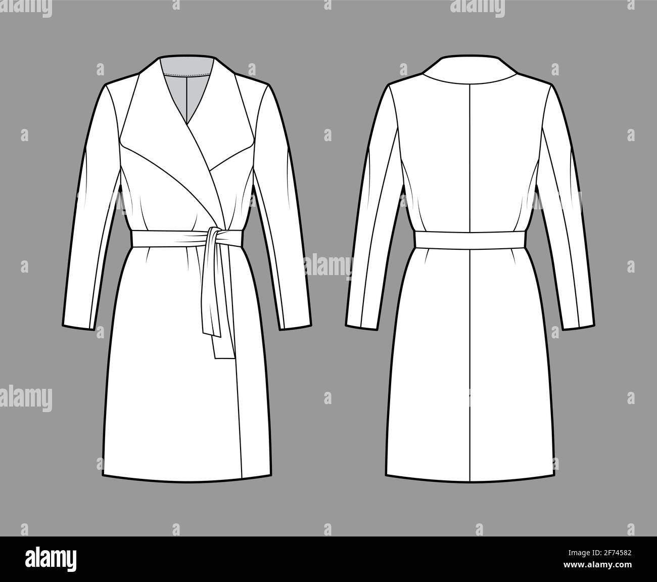 Wrap coat technical fashion illustration with tie, long sleeves, shawl ...