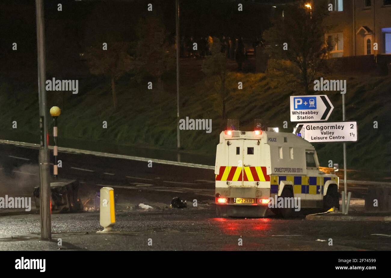 The PSNI at the Cloughfern roundabout in Newtownabbey following ...