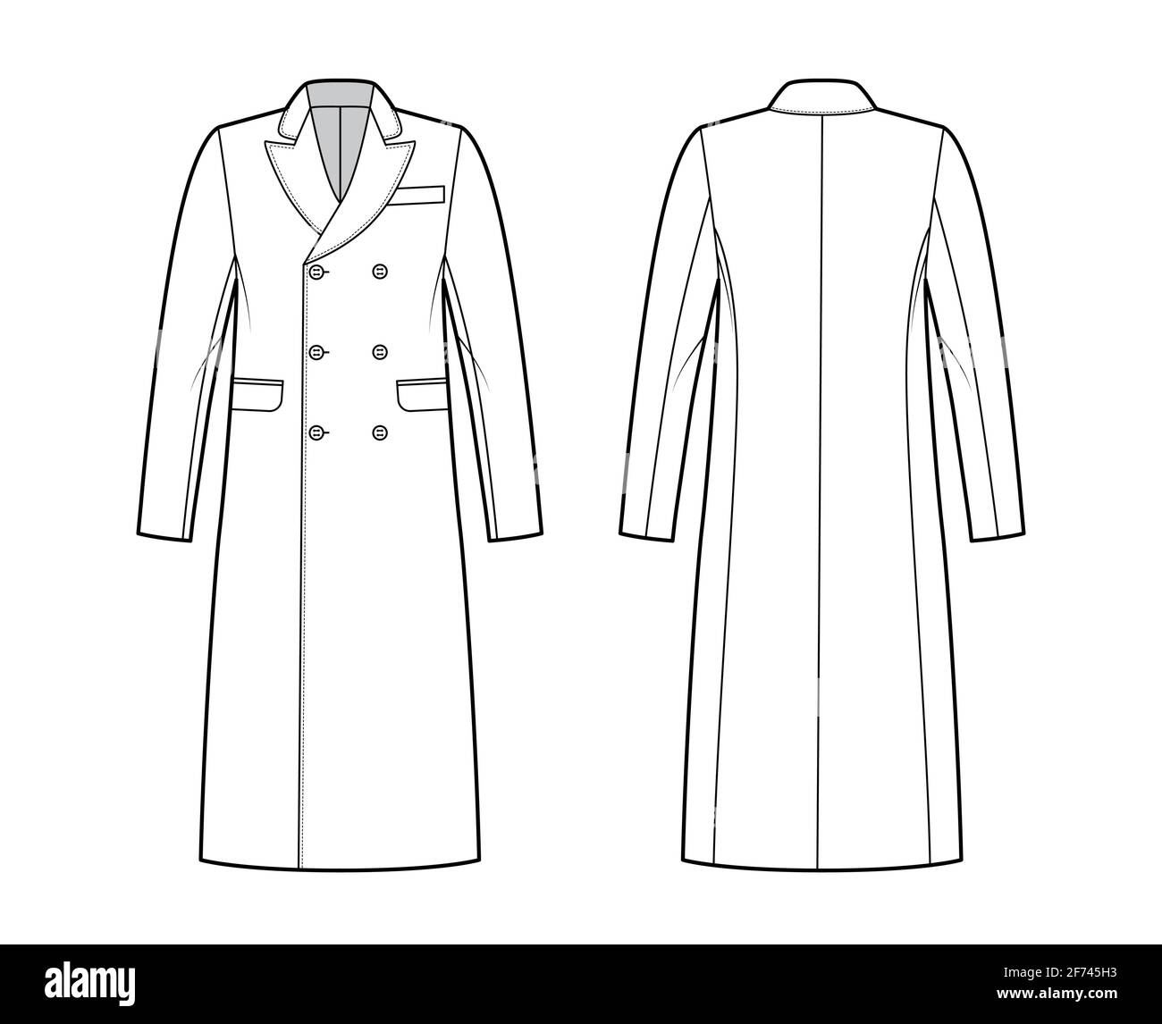 British warm overcoat technical fashion illustration with double ...