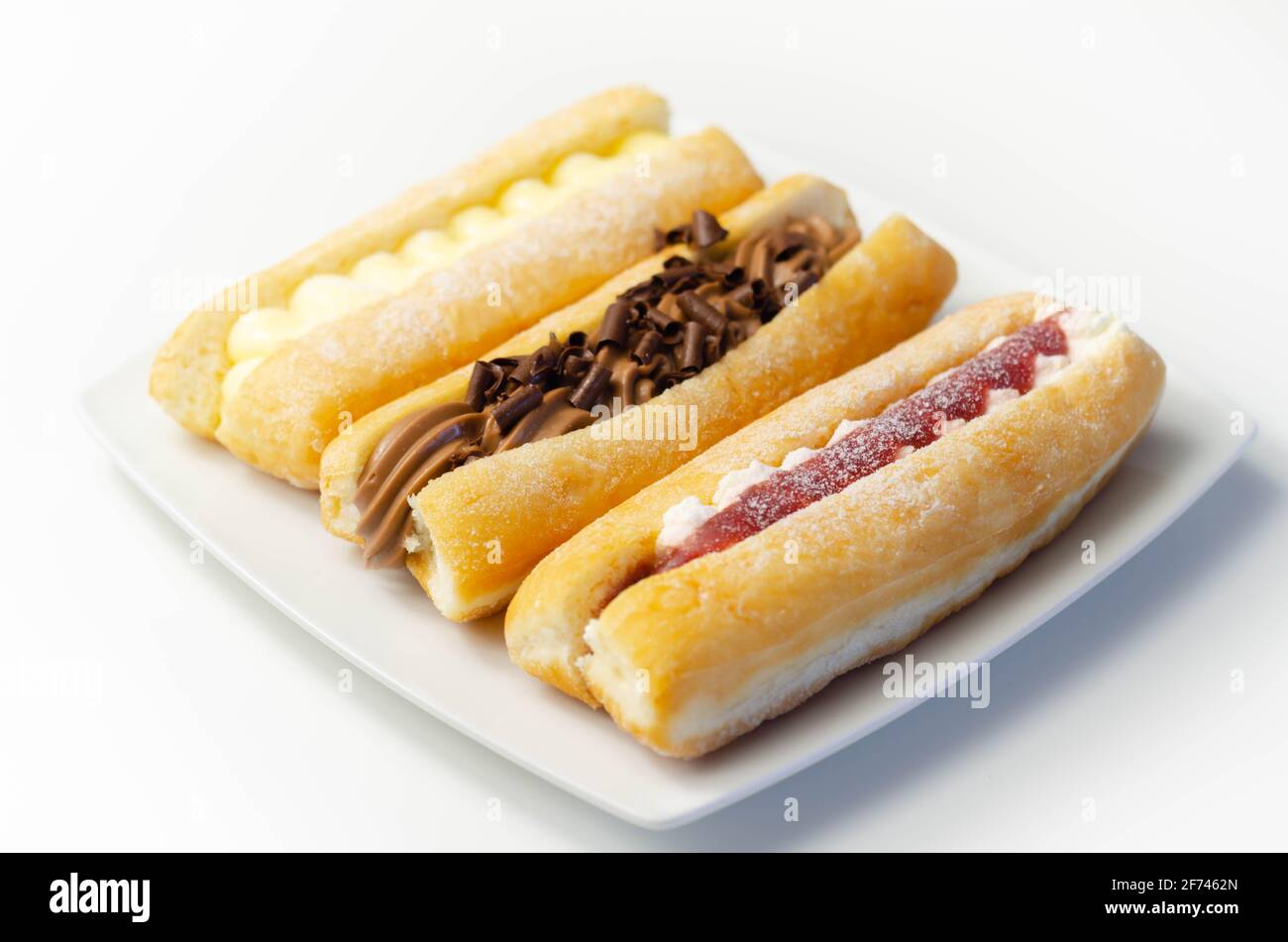 Mixed finger donuts filling chocolate, custard, jam and whipped cream ...