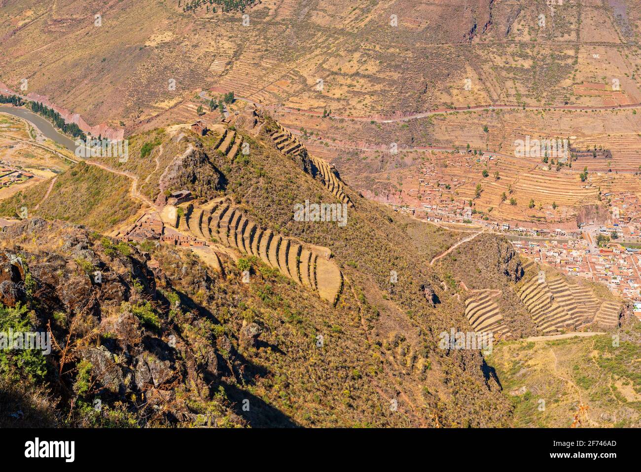 Aerial landscape of the Inca ruins of Pisac, Cusco, Peru Stock Photo ...