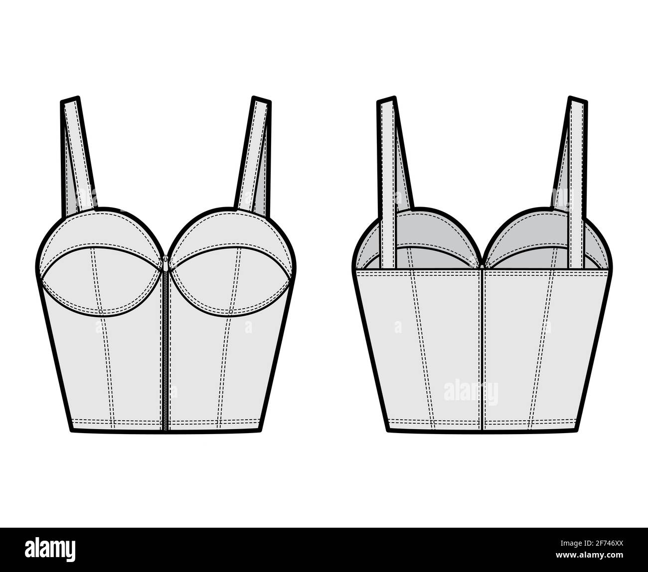 Denim bustier top technical fashion illustration with thin straps, zip ...