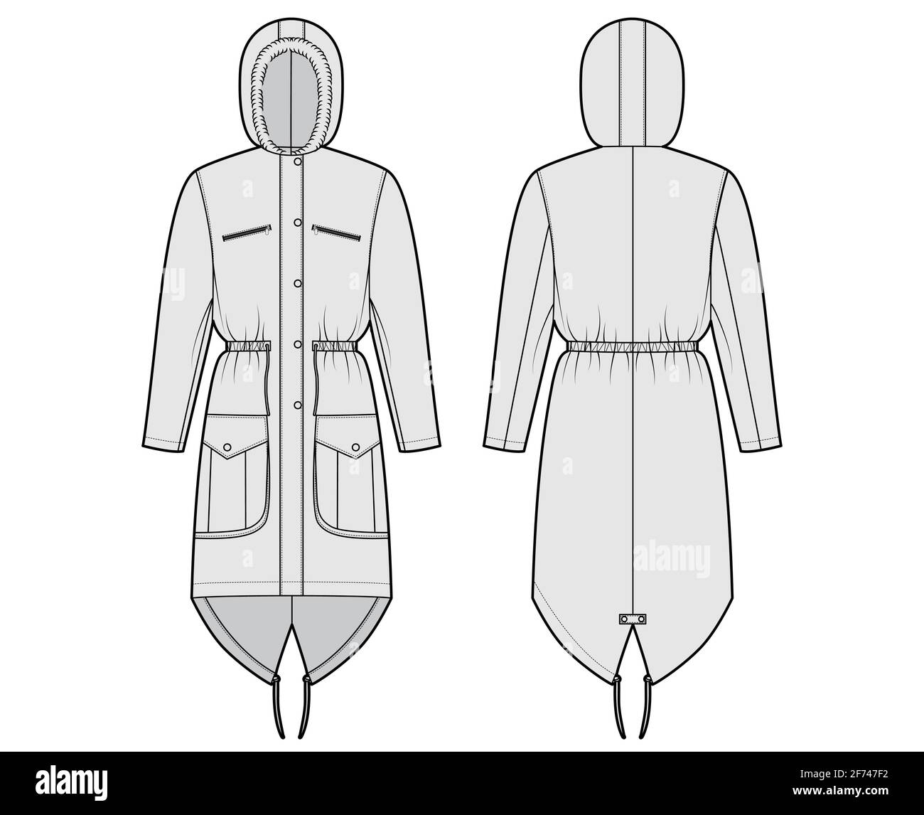 Parka coat technical fashion illustration with faux fur hood, long ...