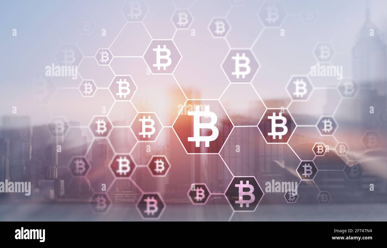 Double exposure of creative Bitcoin symbol hologram on Hong Kong skyscrapers background Stock ...