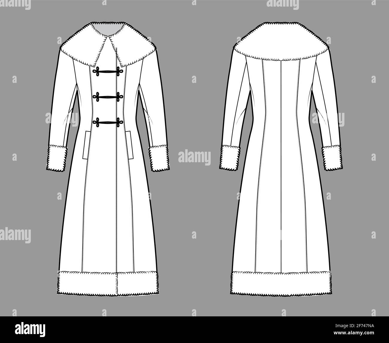 Cossack coat technical fashion illustration with long sleeves, fur cuff ...