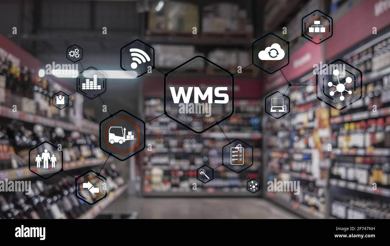 Inscription WMS on blurred warehouse background. Werehouse Management ...