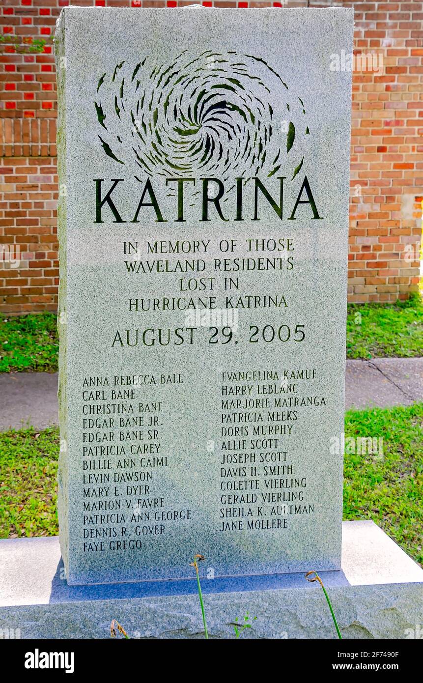 A monument listing Waveland’s victims of Hurricane Katrina stands in ...