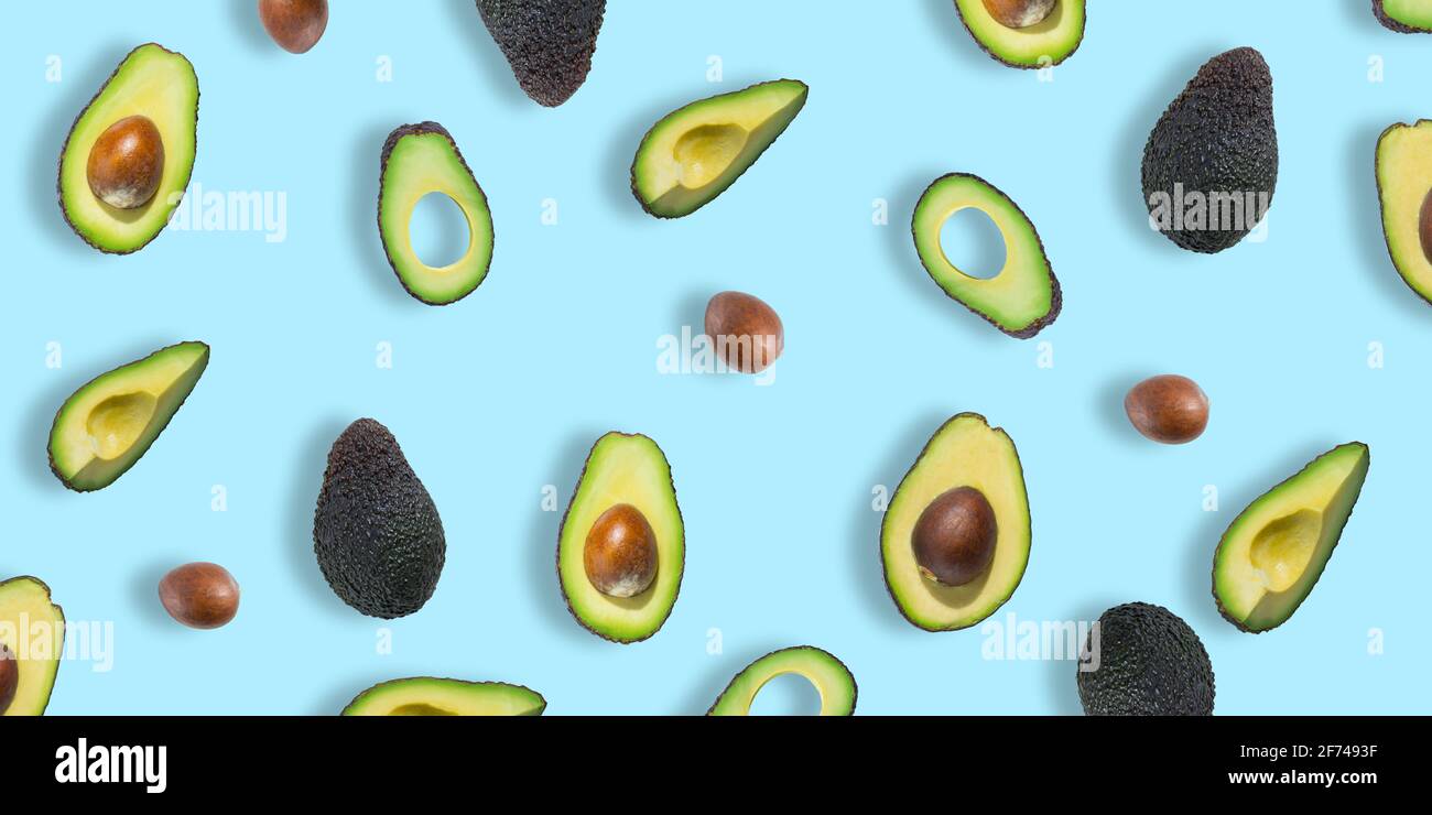Pattern of fresh ripe green avocados. Avocado banner. Avocado pieces ...