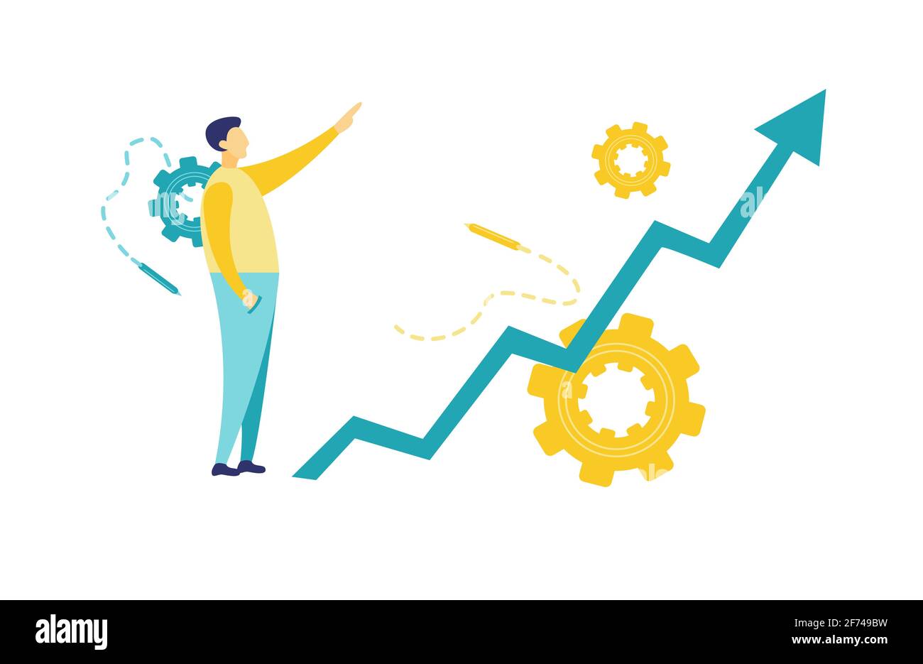 Flat vector illustration, Business person climbing on blue graph arrow ...