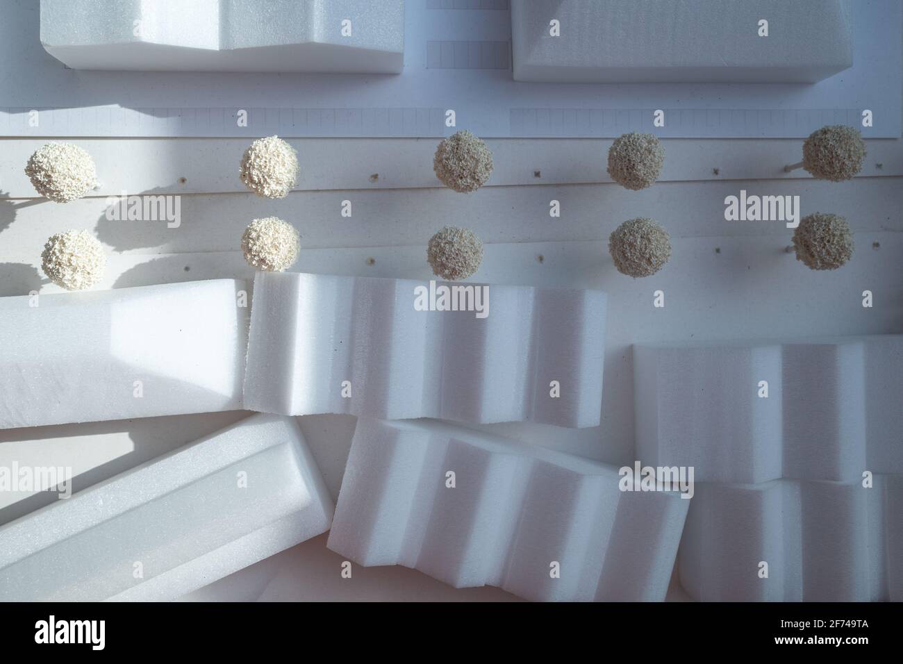 Top view of white architectural models. Architect's design thinking ...