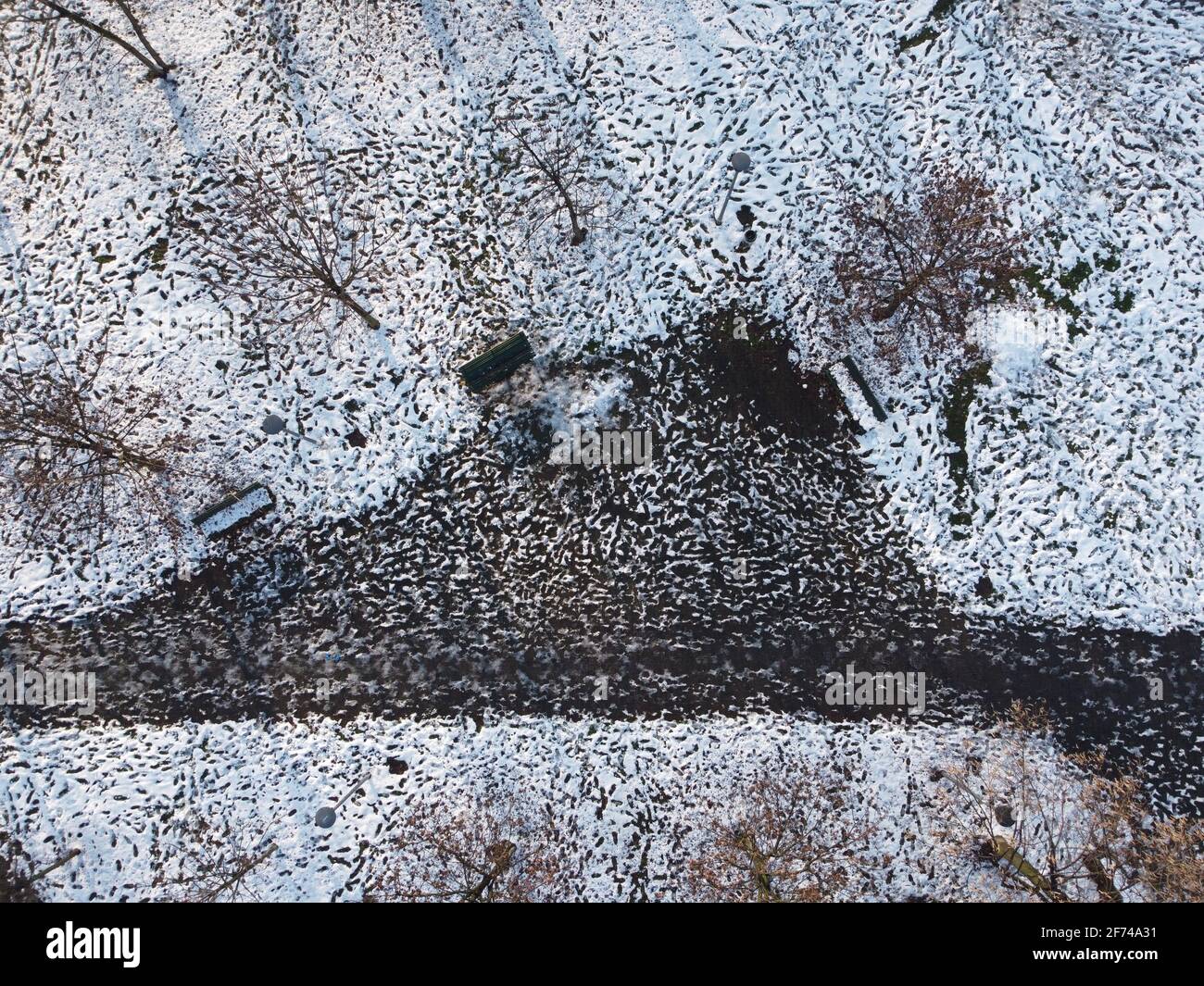 Aerial view of footsteps in the snow Stock Photo - Alamy