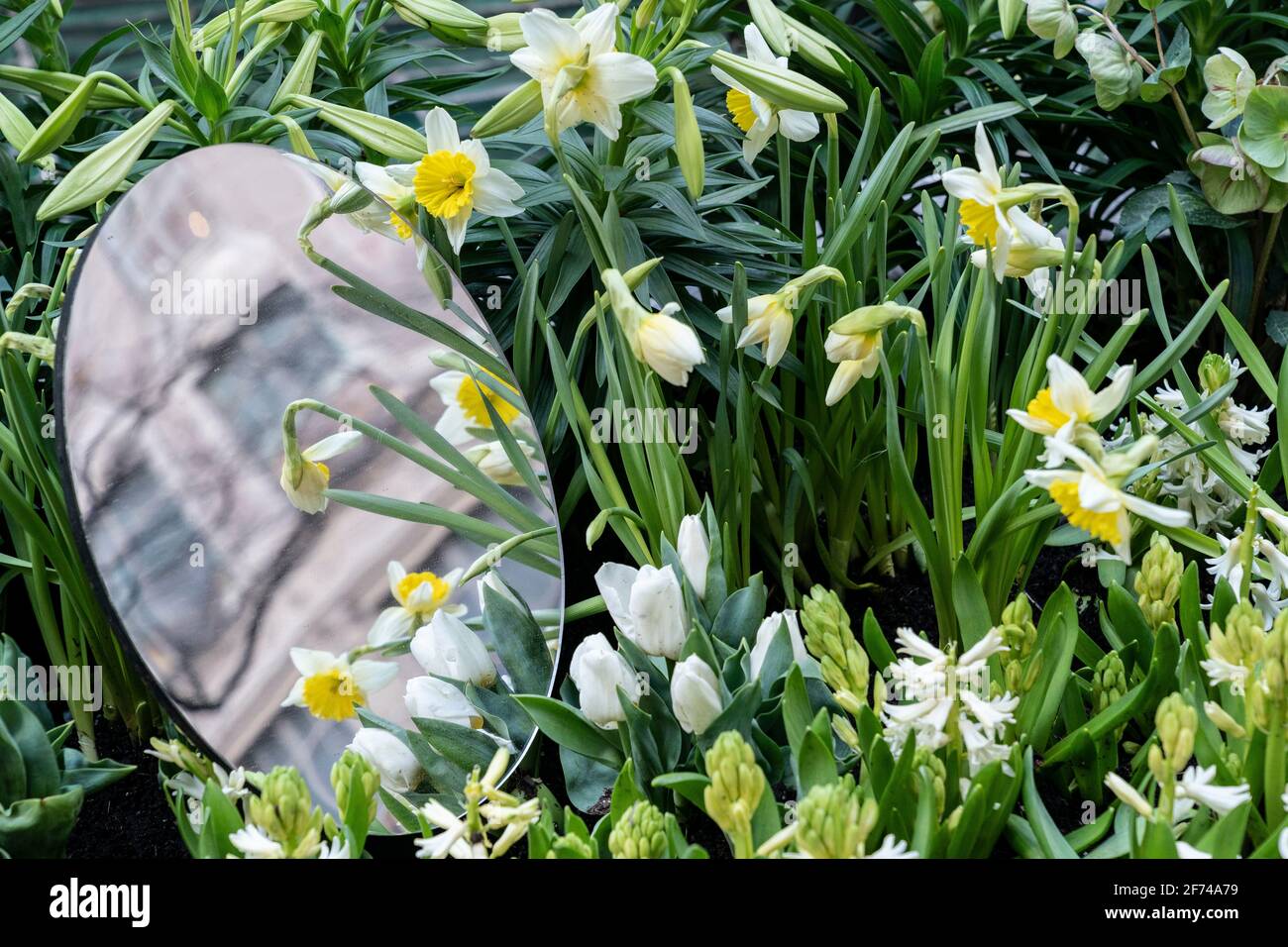 New York, NY - April 3, 2021: Easter garden with lilies, tulips ...
