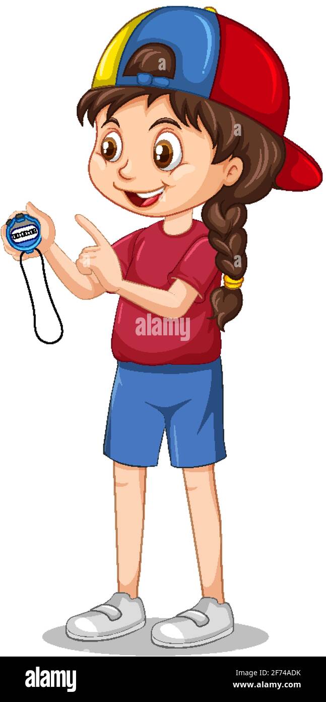 Happy girl standing and holding a timer illustration Stock Vector Image ...