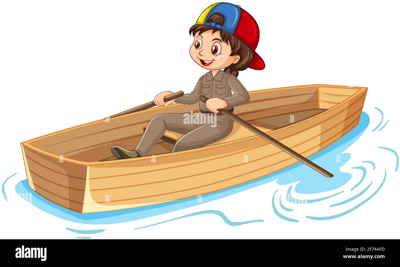 Girl cartoon character rowing the boat isolated illustration Stock ...