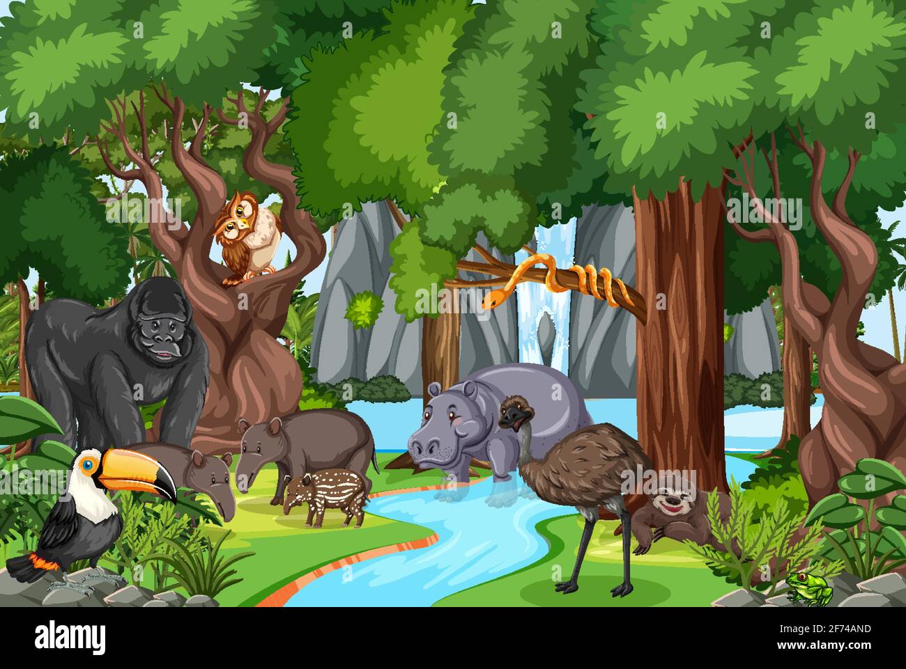 Wild animal cartoon character in the forest scene illustration Stock ...