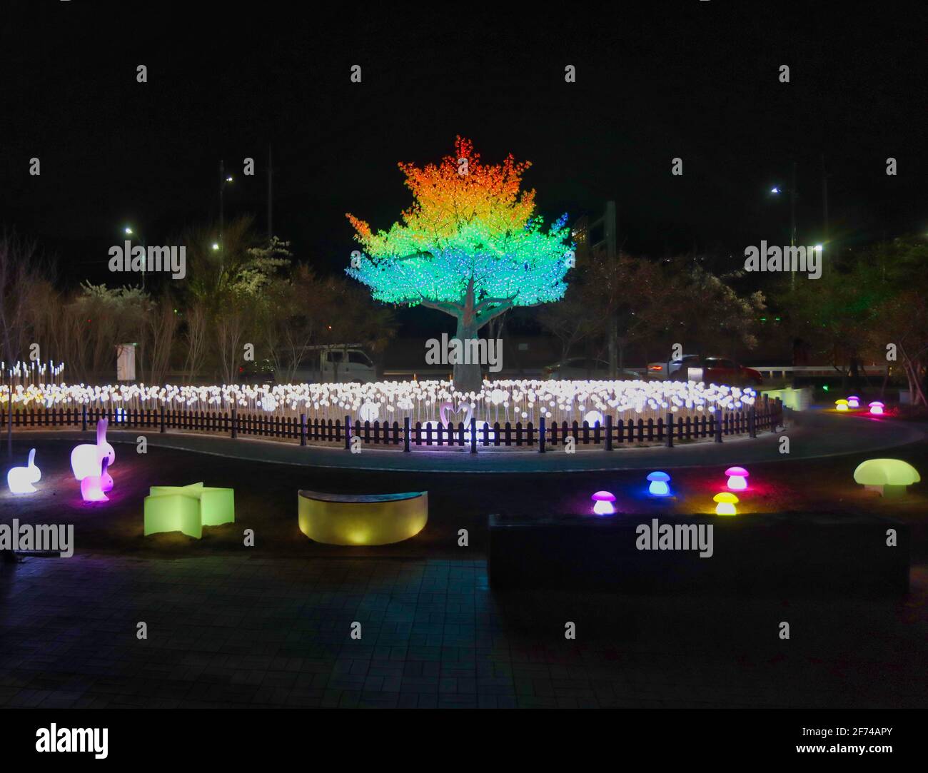 Night view of Jinhaeru light street, Changwon, Gyeongnam, South Korea ...