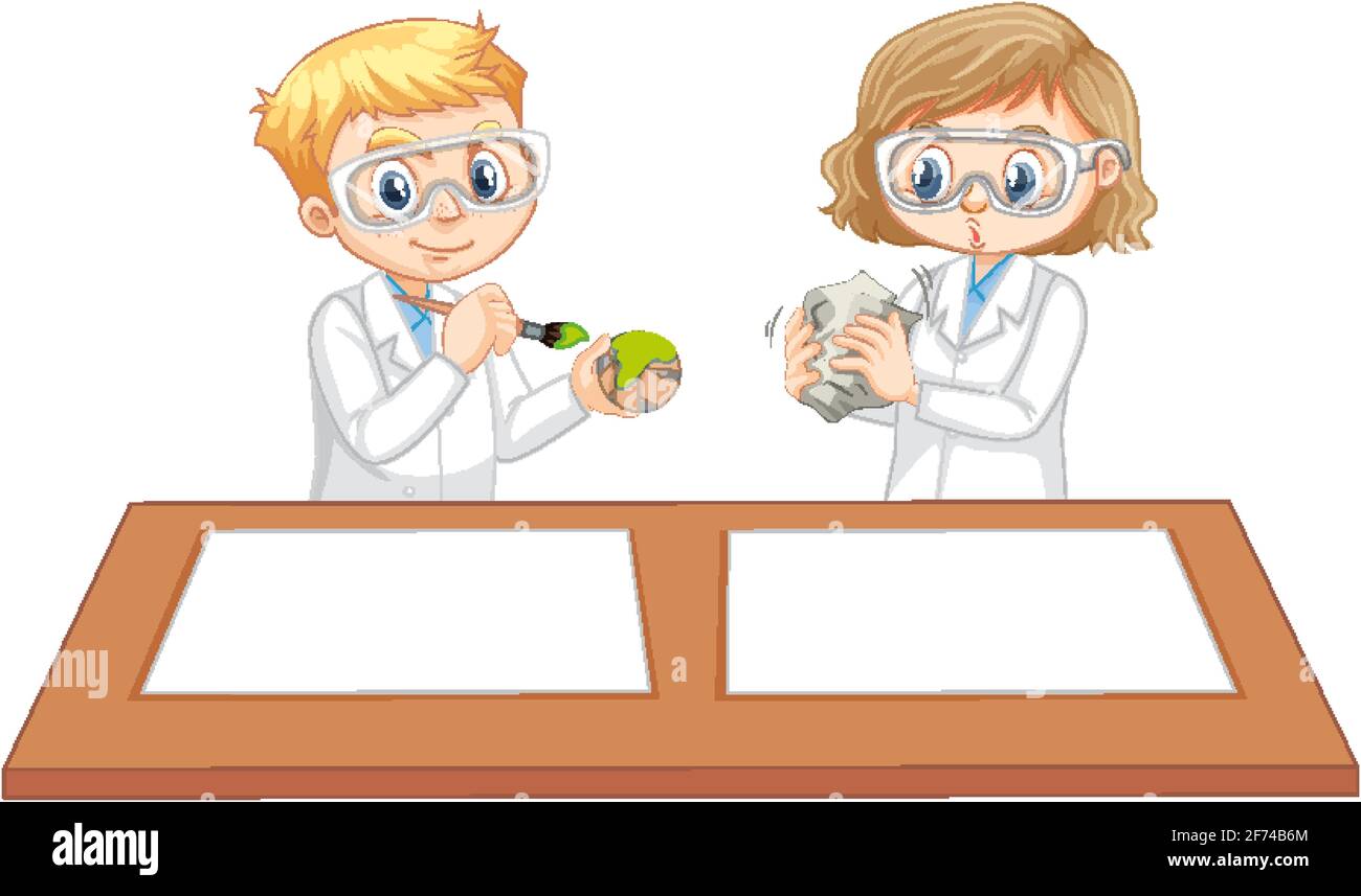 Boy and girl wearing scientist gown with empty paper on the table ...