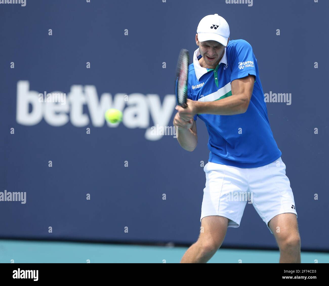 MIAMI GARDENS, FLORIDA - APRIL 04: (NO SALES TO NEW YORK POST) Hubert Hurkacz of Poland defeats ...