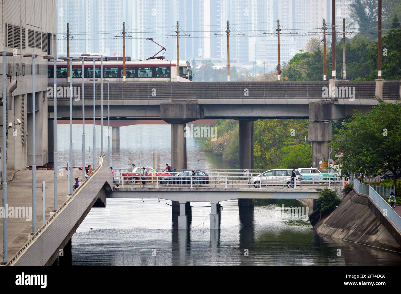 Road and light rail viaducts over Tuen Mun River (屯門河) outside Tuen Mun ...
