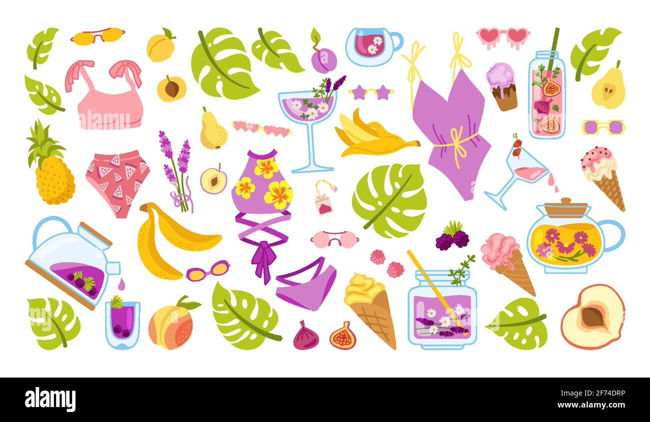 Summer scrapbook cartoon set. Hawaiian beach party doodle elements ...