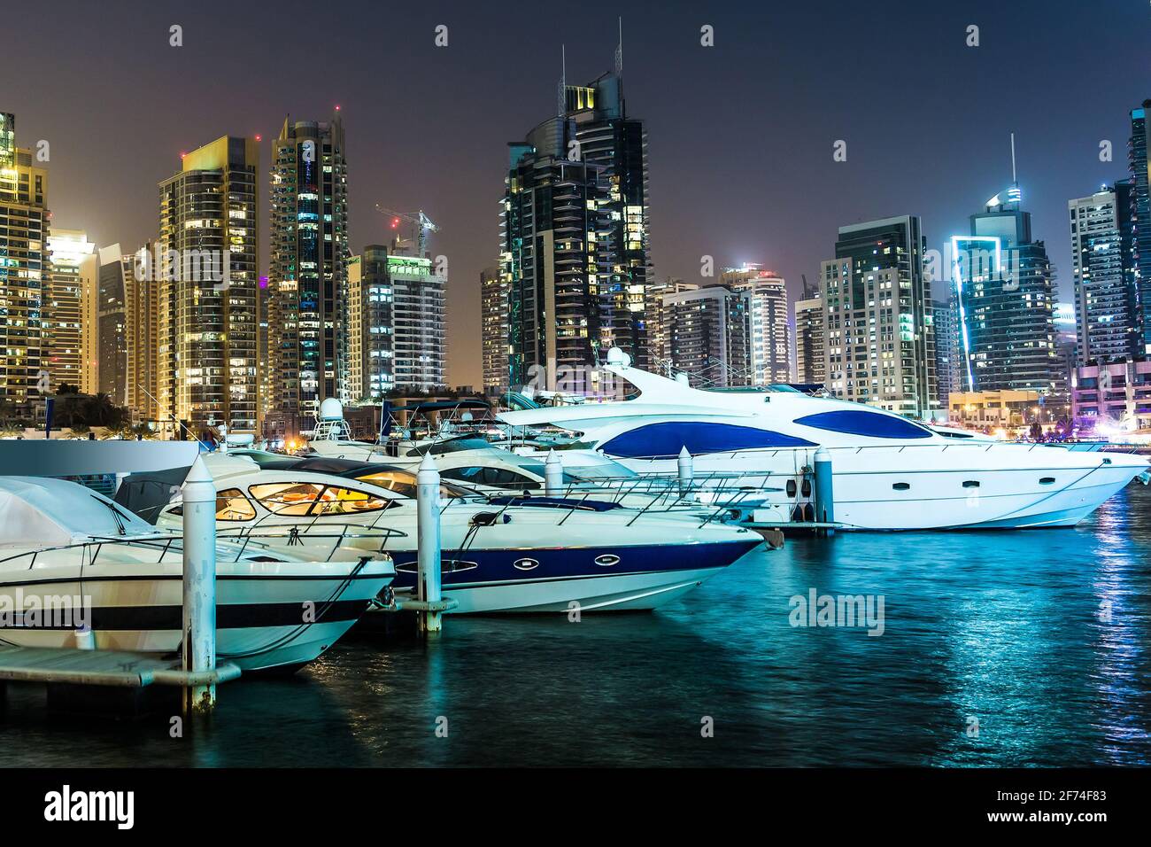 Dubai downtown night scene with city lights, luxury new high tech town ...