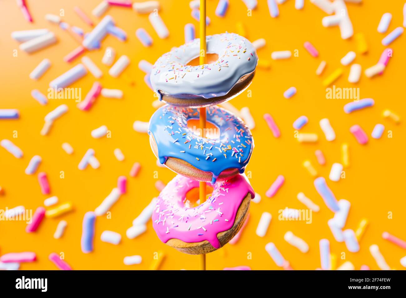 3D illustration of three multi-colored delicious appetizing donuts ...