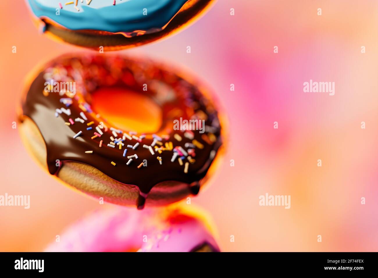 3D illustration of three multi-colored delicious appetizing donuts ...
