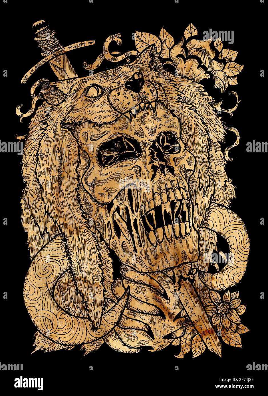 Black and gold illustration with scary skull, beast coat and sword ...