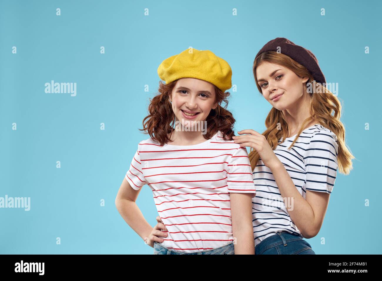 funny mom and daughter fashion studio lifestyle fun blue background ...